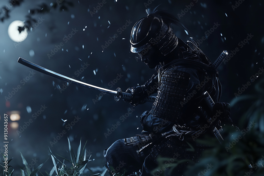 at night, taking katana out of sheet, fighting pose, samurai warrior in ...