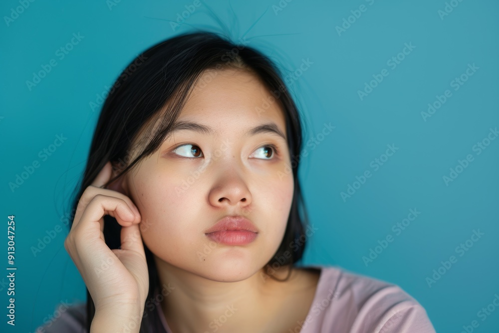 A blue studio background shows an Asian woman thinking, choosing, and ...