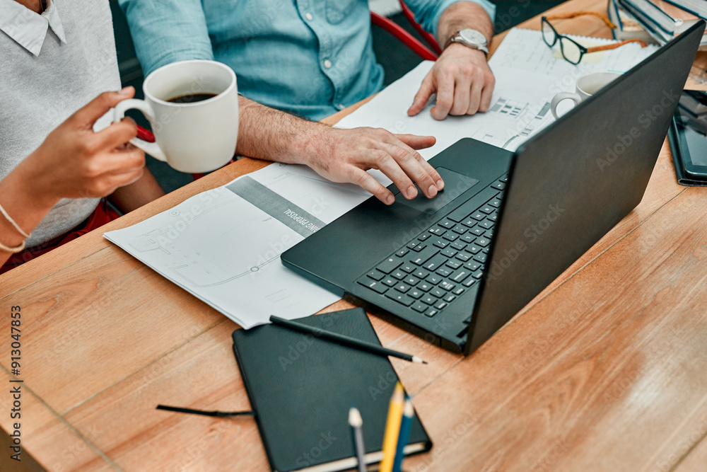 Business, hands and people with laptop for architecture development ...
