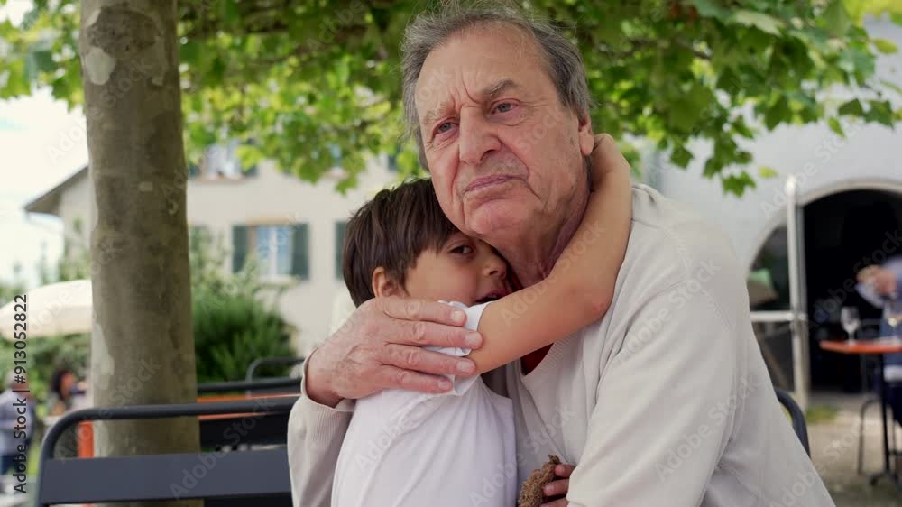Grandfather hugging his young grandson tightly at an outdoor cafe, a ...
