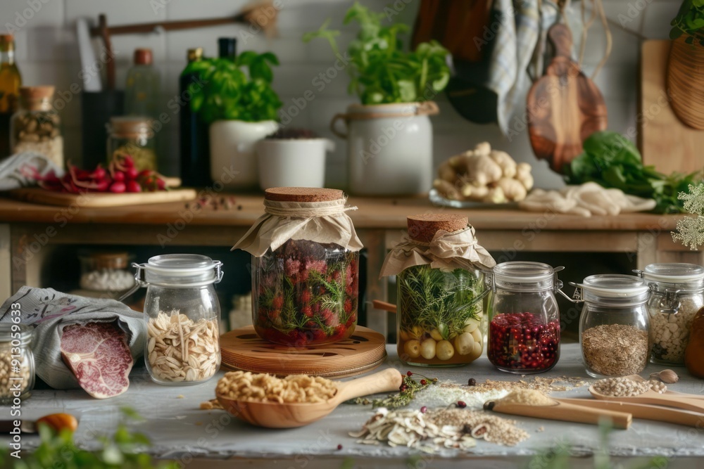 Jars of fermenting herbs and berries, natural process of fermentation ...