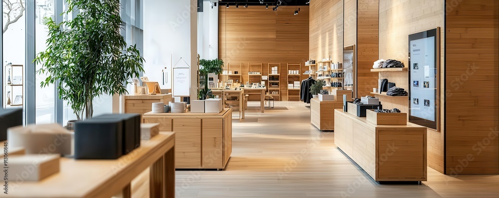 Modern bamboo retail space with interactive displays and sleek layout ...