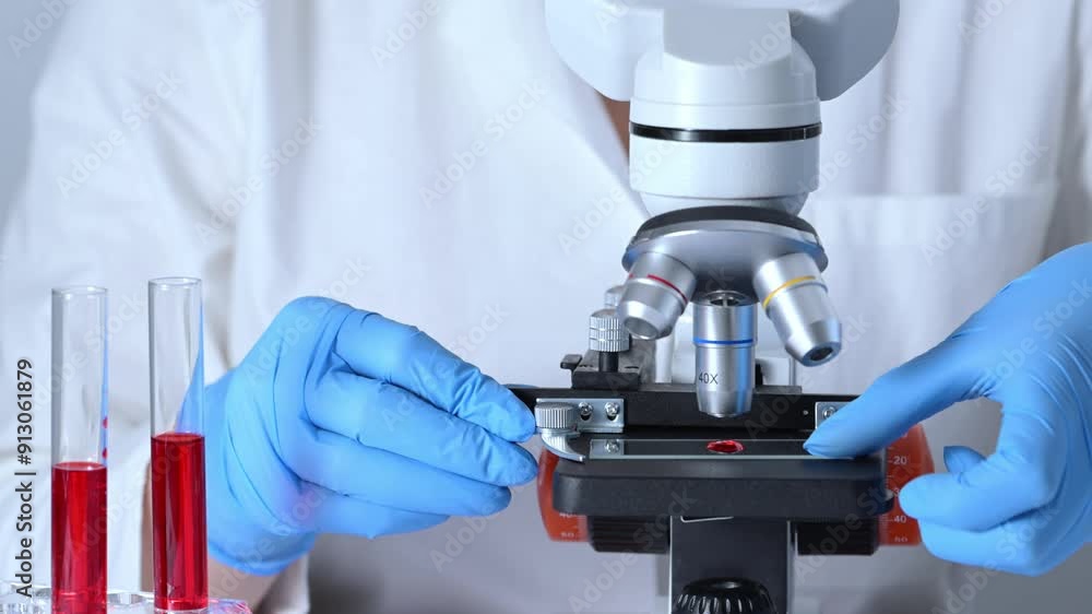 Scientist researching blood sample under microscope in laboratory ...