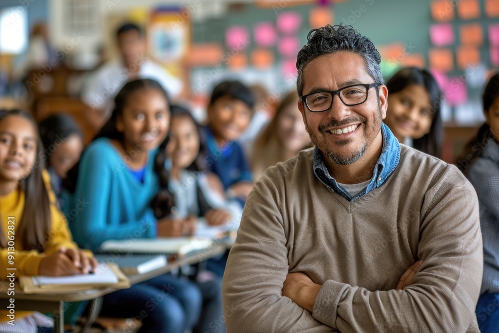 Smiling Latino male teacher posing with his cheerful students in a ...