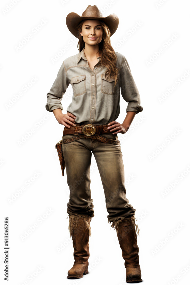 Confident female cowboy in traditional attire with hat and boots ...
