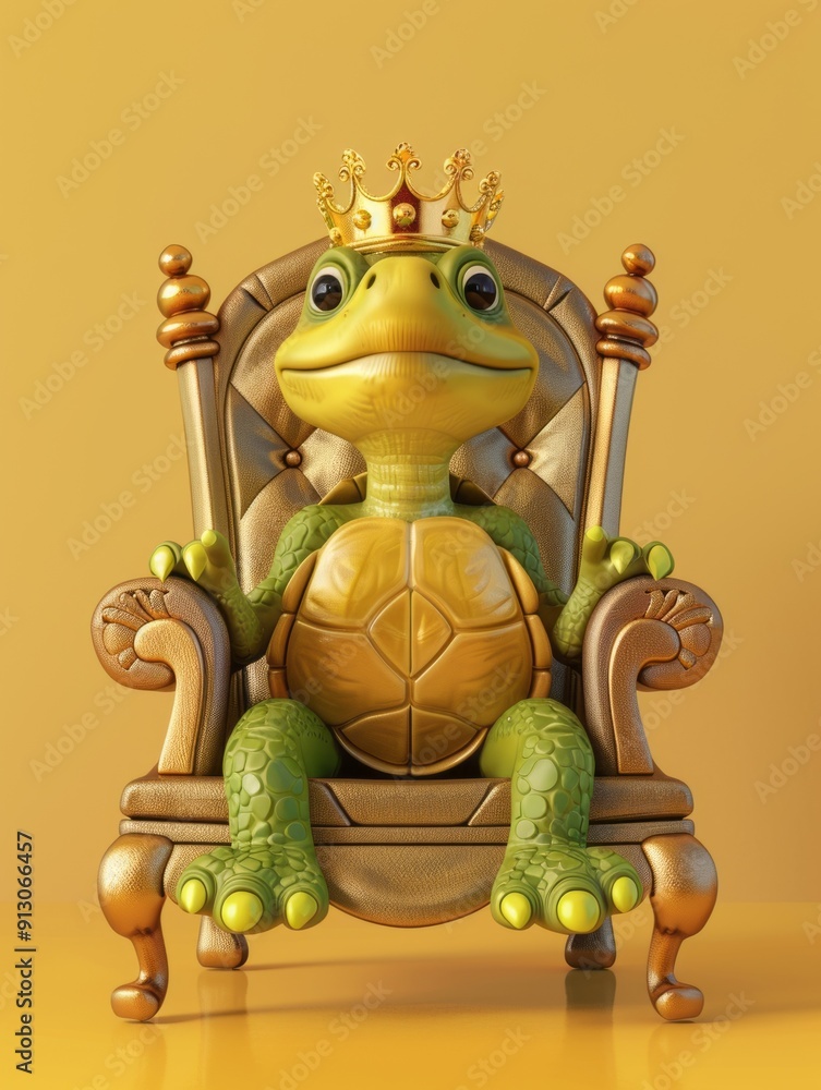 Royal turtle on throne. A cheerful turtle wearing a golden crown sits ...