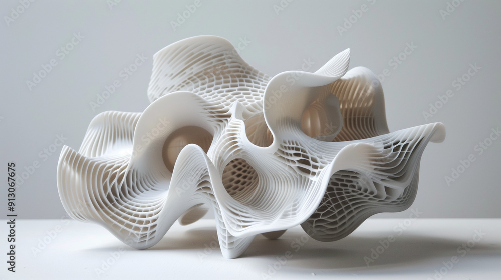 Intricate white 3D-printed sculpture with flowing, organic shapes ...