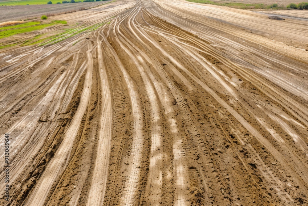 A dirt road with many tire tracks. The road is very long and has many ...