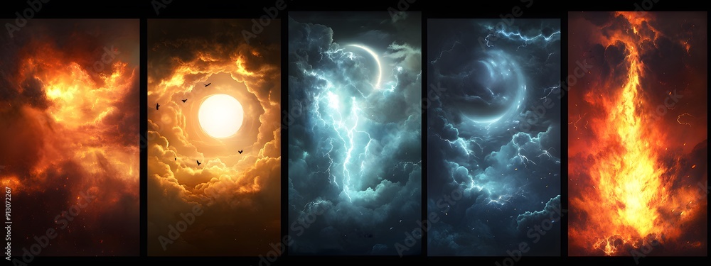 Different weather background banners, sky with sun and clouds ...