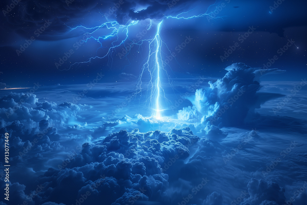 Blue Jet lightning phenomenon in the upper atmosphere, powerful blue ...