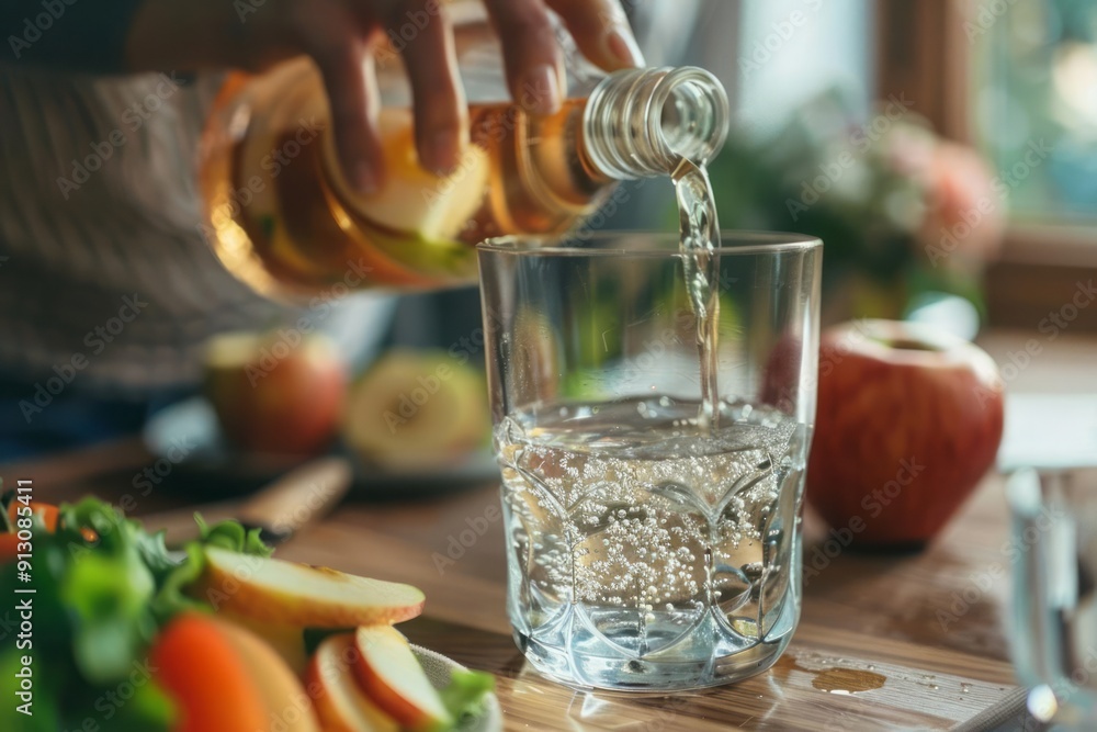 Hand pouring apple cider vinegar into a glass of water, integration of ...