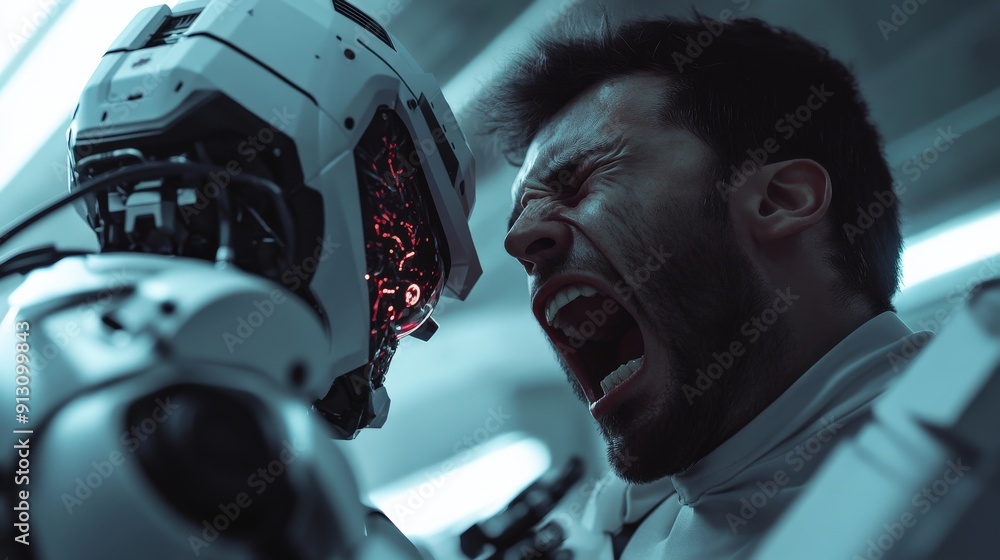 In a high-tech lab, a man passionately confronts a humanoid robot ...
