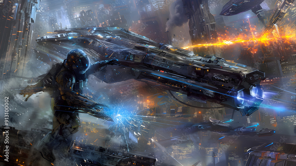 Astronaut repairs spacecraft hull and uses a futuristic welding tool ...