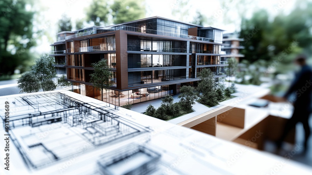 High-resolution 3D BIM model of a residential complex, with architects ...