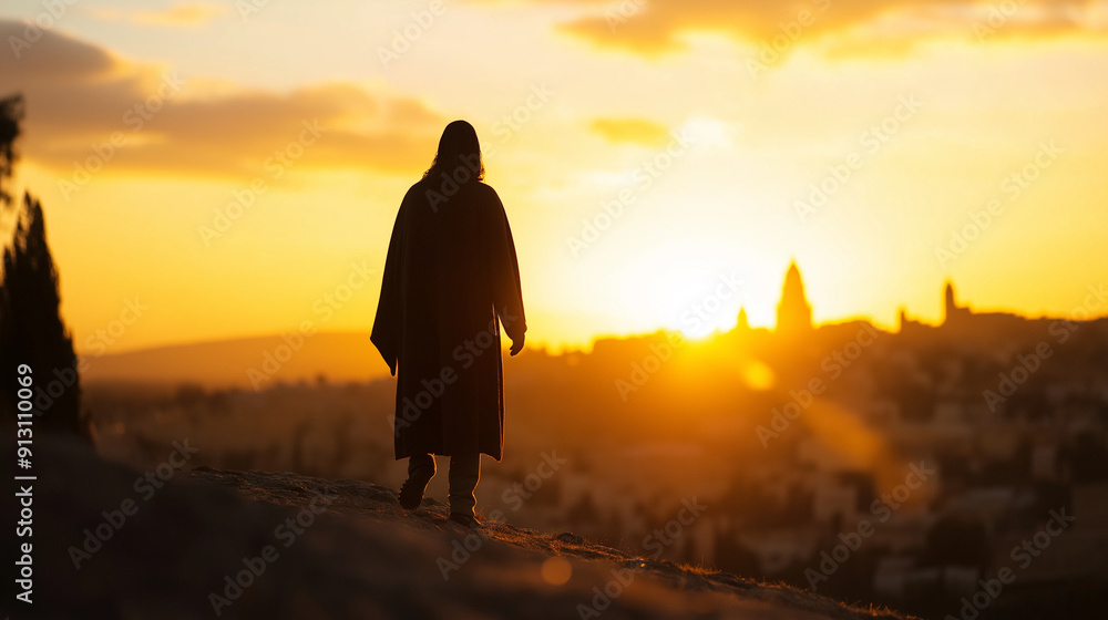 Jesus standing on a hill, with the city of Jerusalem in the distance ...
