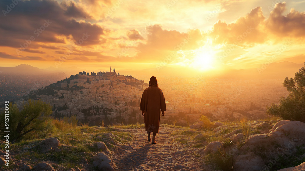 Jesus standing on a hill, with the city of Jerusalem in the distance ...