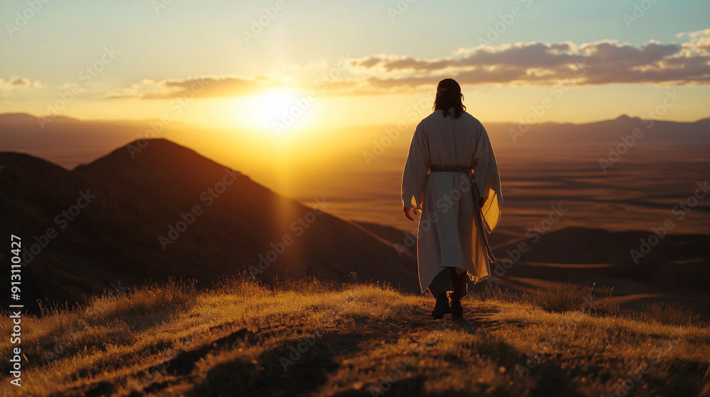 Jesus standing on a hill, with a vast desert landscape behind him ...