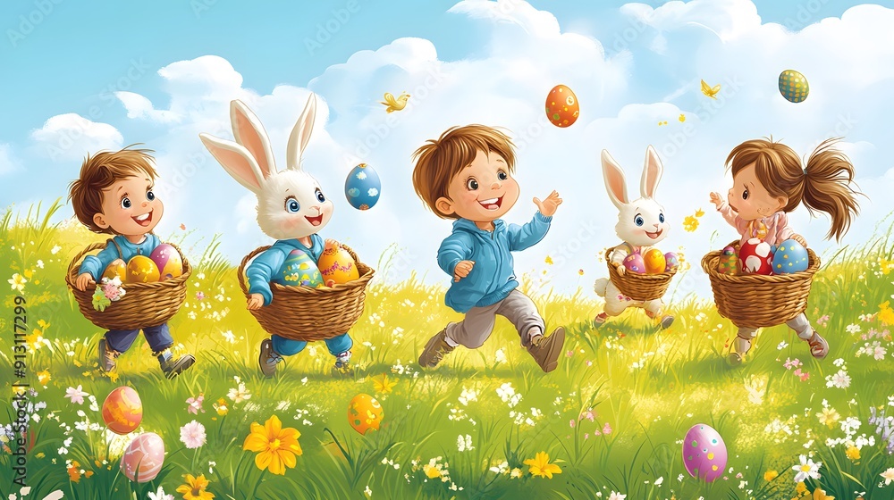 Cartoon kids participating in an Easter egg hunt with baskets colorful ...