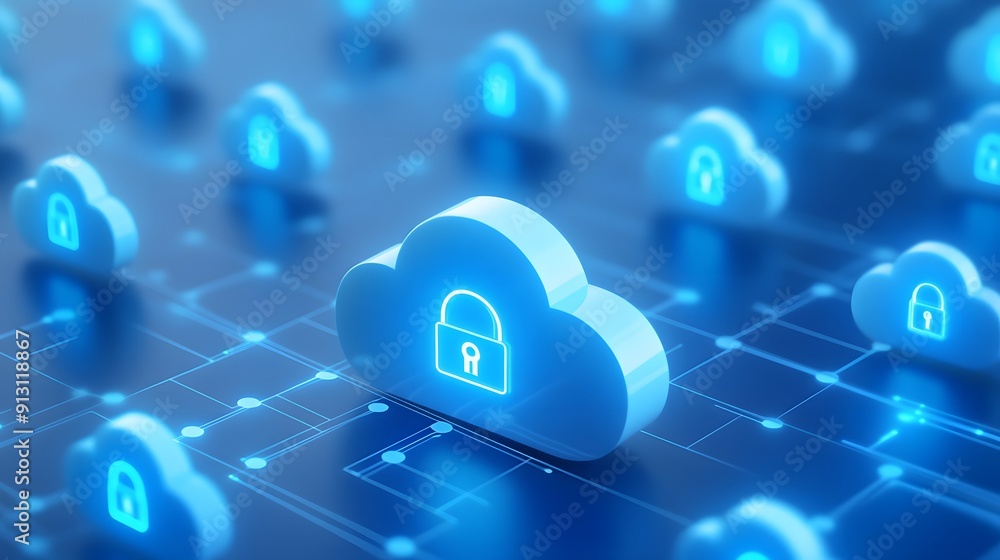 Secure cloud computing network with glowing blue locks and cloud ...