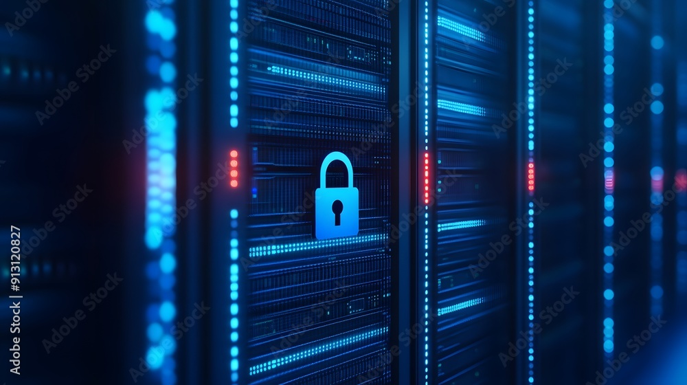 Secure data center with server racks and padlock icon representing ...