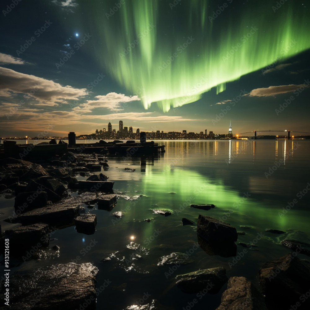 Aurora borealis illuminates the Seattle skyline, creating a stunning ...