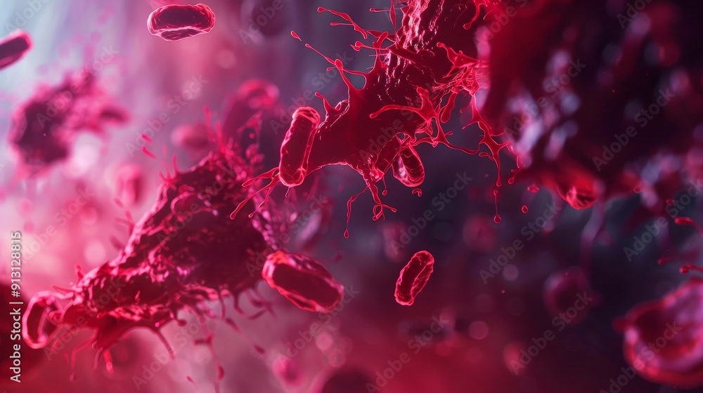 A close-up image of red blood cells under a microscope. The cells are ...