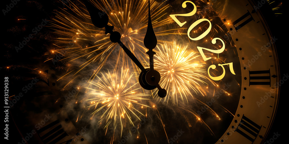 Happy New Year 2025 clock face shows New Year's Eve with fireworks in ...