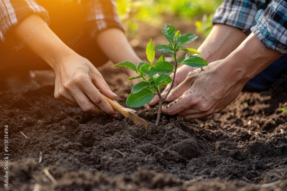 hands planting a tree in soil, on top is a wooden trowel with black ...