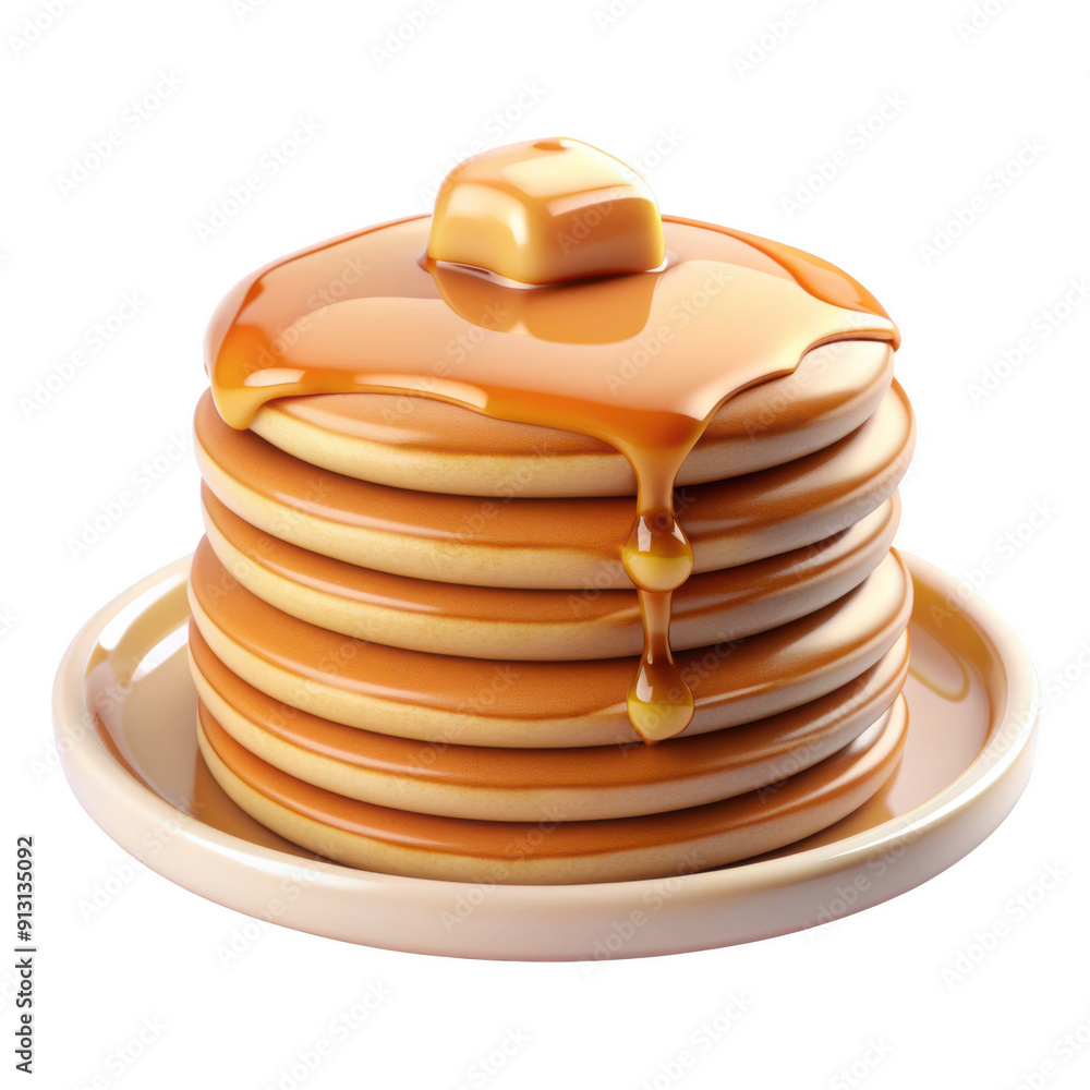 3D stack of pancakes topped with a piece of butter and drizzled with ...