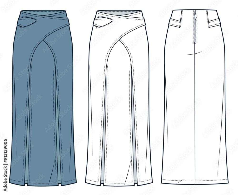 Wrap Skirt technical fashion illustration. Slit Skirt fashion flat ...