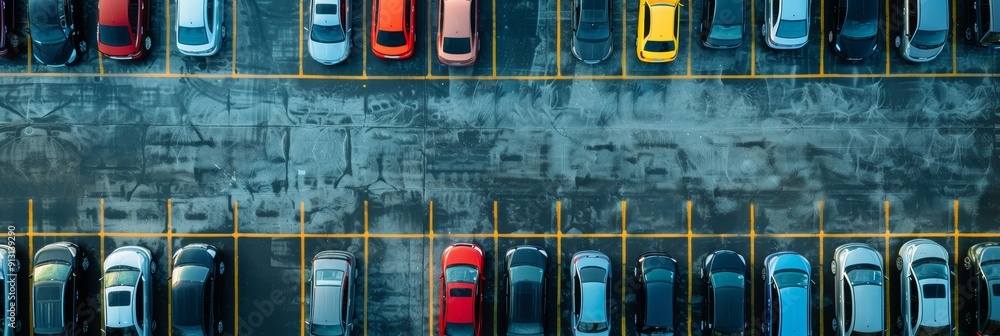 An aerial perspective of a full parking lot with parked cars. The ...