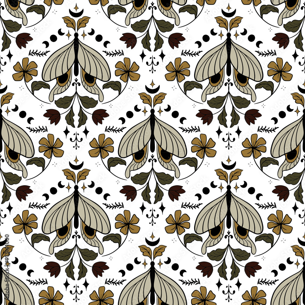 Seamless mirror pattern with moths and flowers in Scandinavian style ...