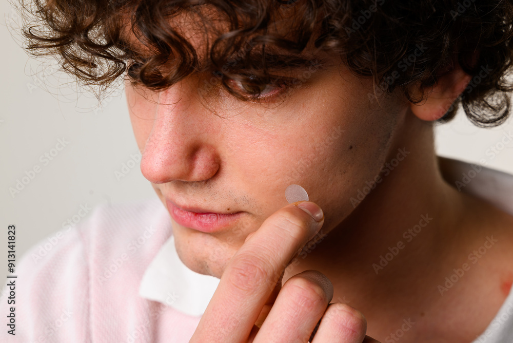 Using acne pimple patch to clean the face from zits. Young man uses ...