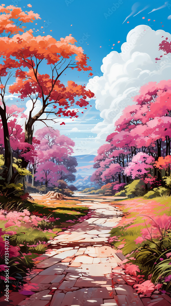 Beautiful spring landscape with flowering trees along a stone path in ...