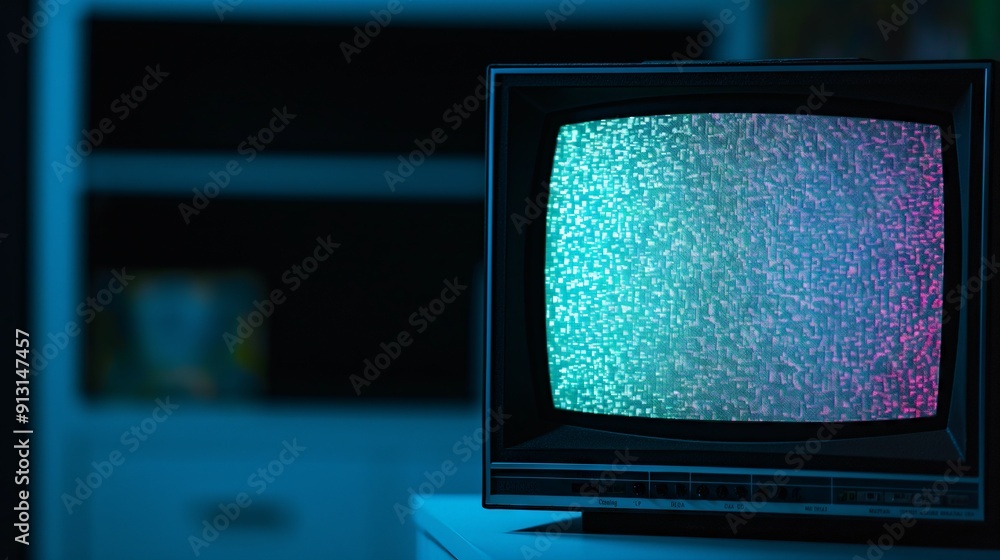 Vintage television in a blue-lit room displaying soft static noise ...