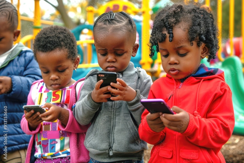 African american Toddlers in park, all fixated on their mobile phones ...