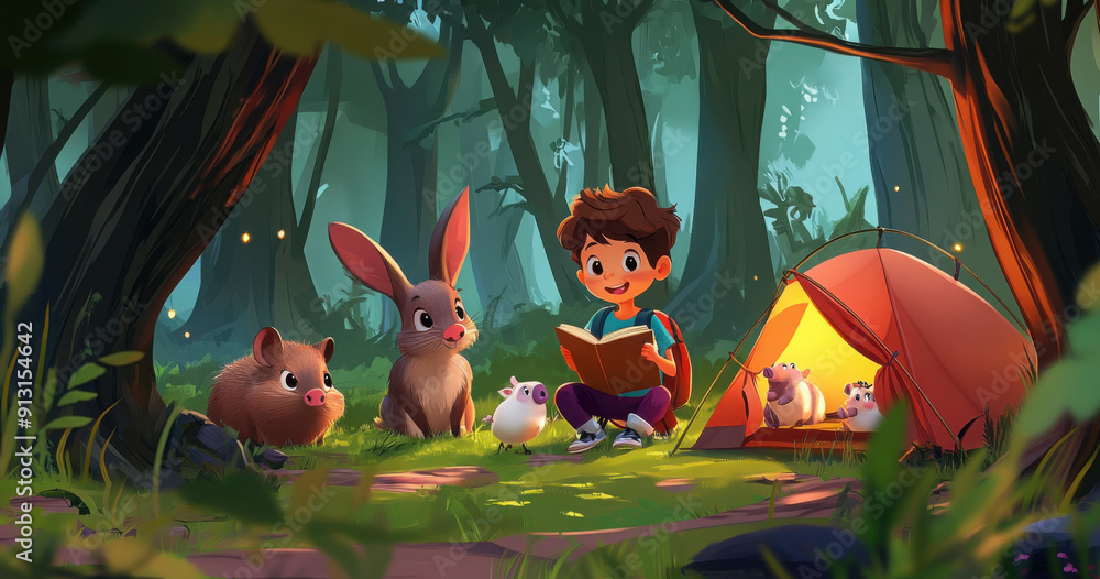 Kid in forest camp tent with animal and friends cartoon adventure ...