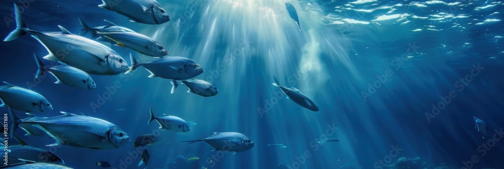 World Fisheries Day. Blue sea background with a lot of fish. Shoal of ...