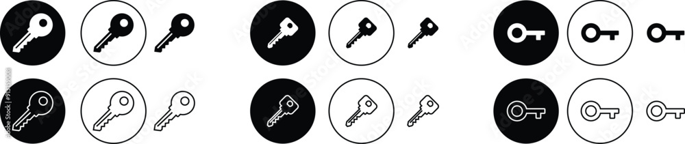 Key icon set. Key black flat and line vector collection isolated on ...