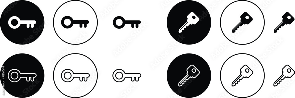 Key icon set. Key black flat and line vector collection isolated on ...