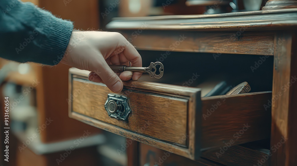 hand using an old-fashioned key to unlock a wooden drawer, revealing a ...