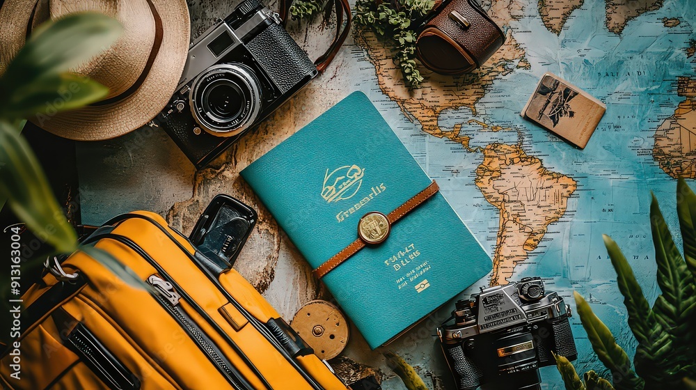 Travel essentials including a passport, camera, and luggage laid out on ...