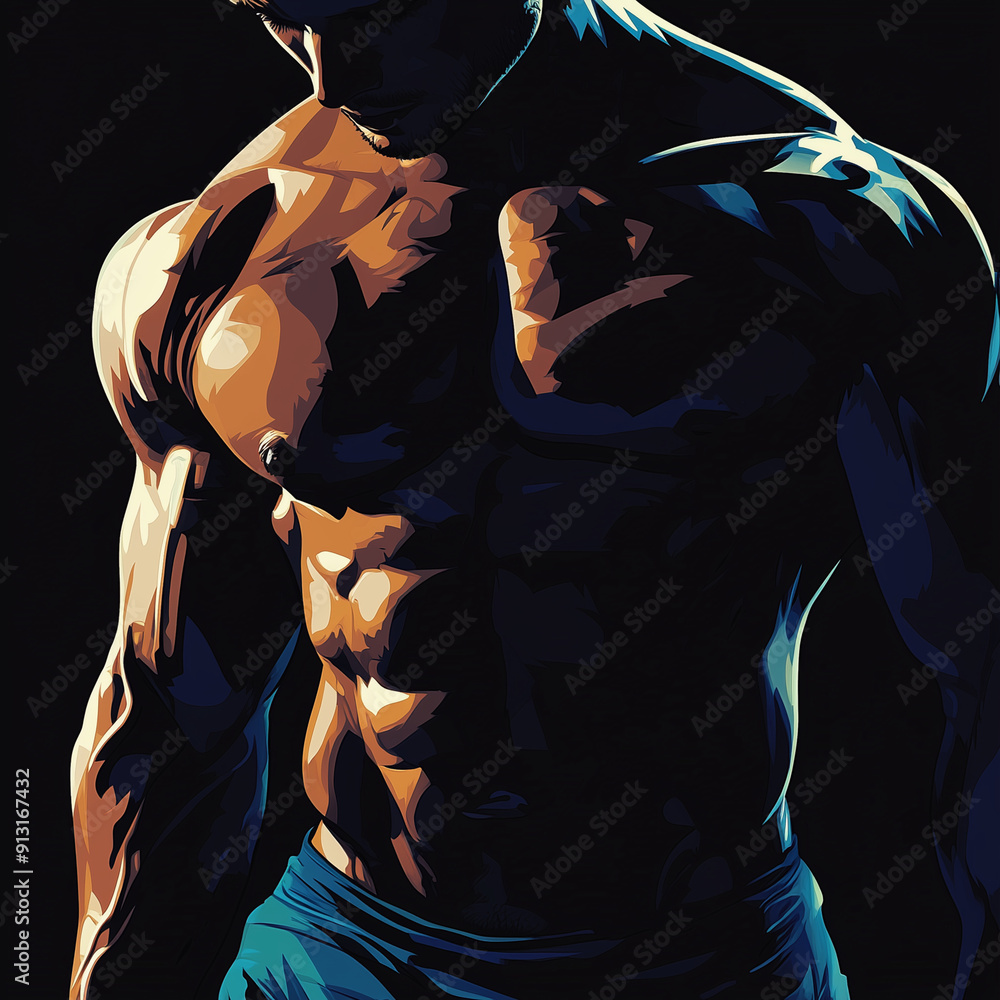 A man with a muscular chest and arms is standing in a dark room ...