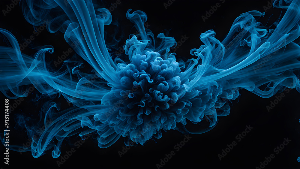 blue explosion smoke undulates and spills across a stark black ...