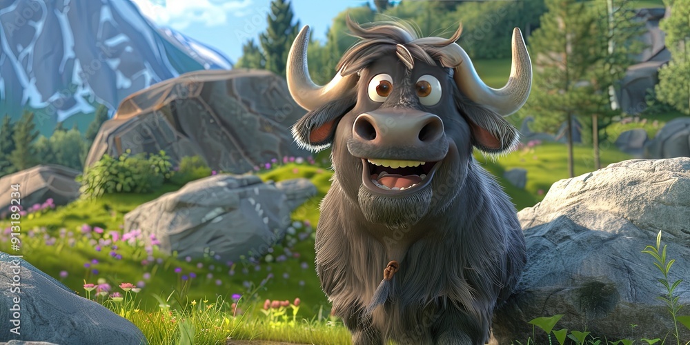 yak 3D animation cartoon style, colorful, happy, friendly, 3d cartoon ...