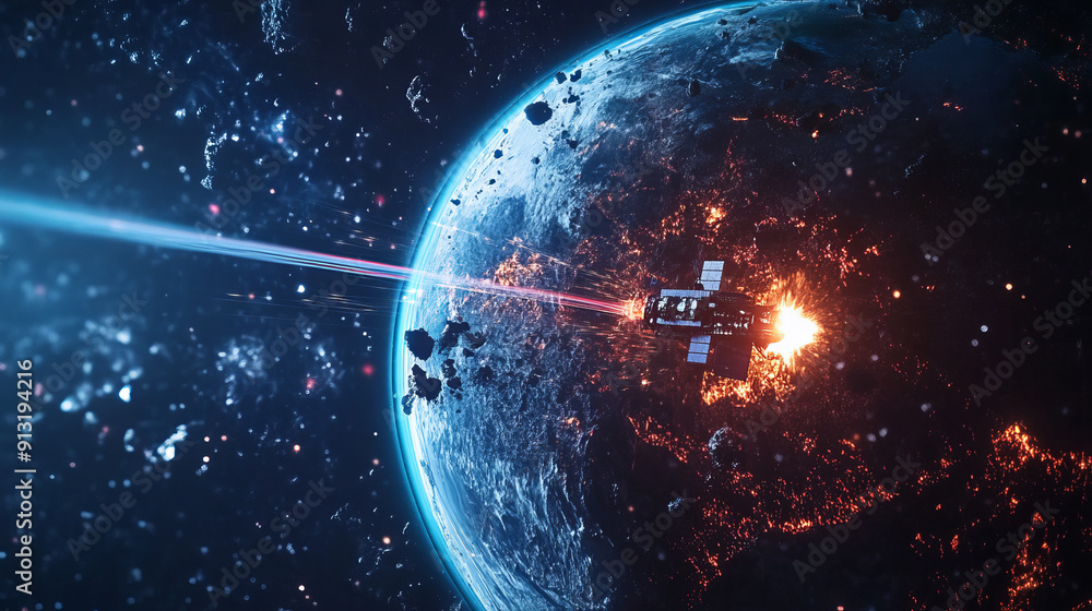 A 3D animation depicting a satellite attacking Earth with a laser ...