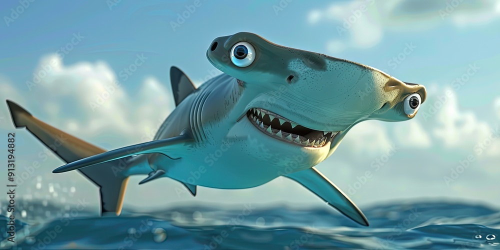 hammerhead shark 3D animation cartoon style, colorful, happy, friendly ...