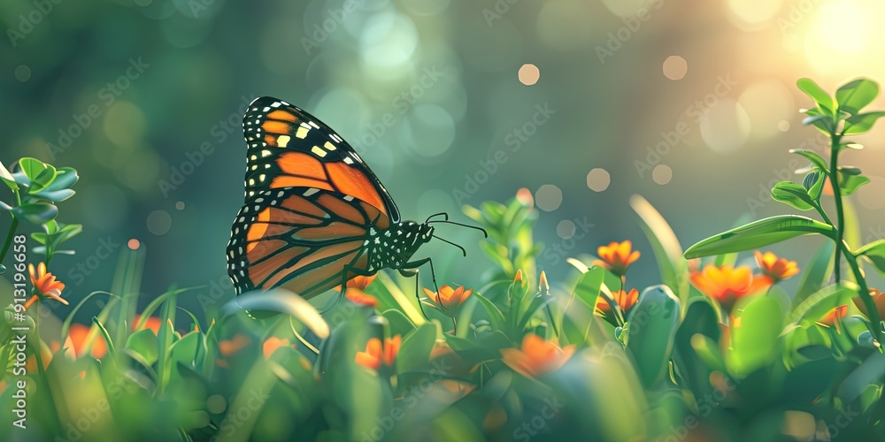 monarch butterfly 3D animation cartoon style, colorful, happy, friendly ...