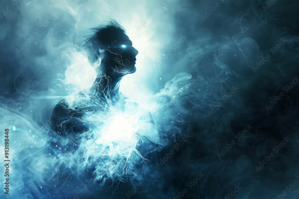Mystical alien being with glowing eyes and ethereal light in its chest shrouded in swirling mist ...