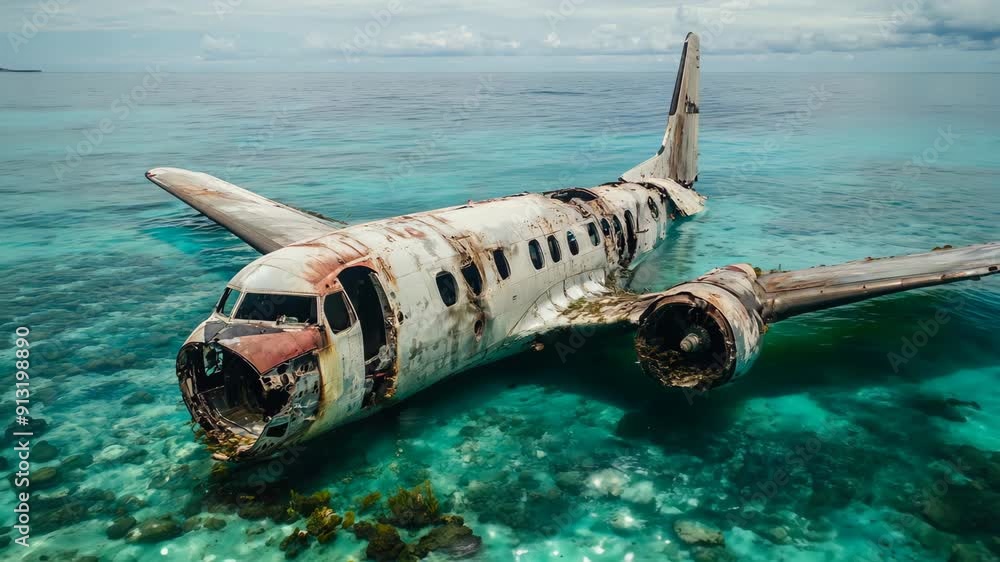 Airplane ruins in the sea. Crashed plane wreck in ocean. Aviation ...
